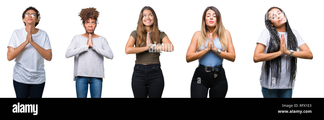 Collage of group of young women over isolated background begging and ...