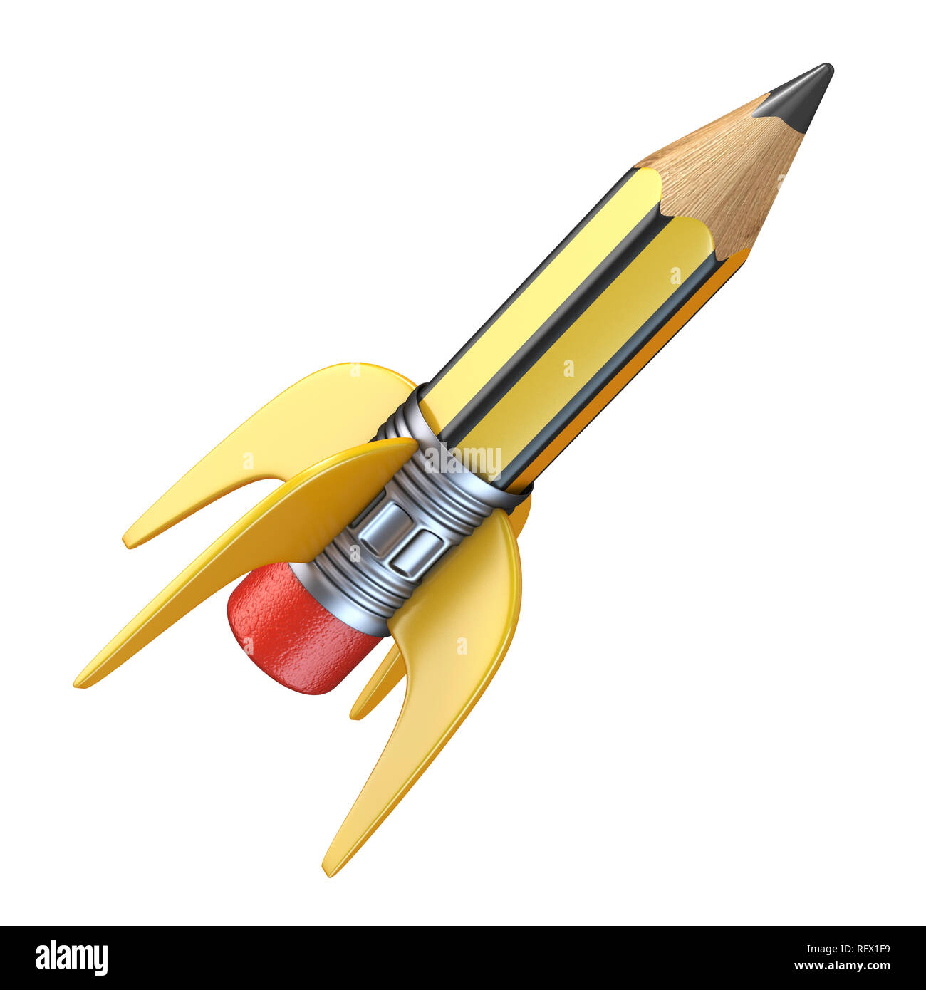Pencil in the form of rocket Angled view 3D render illustration ...
