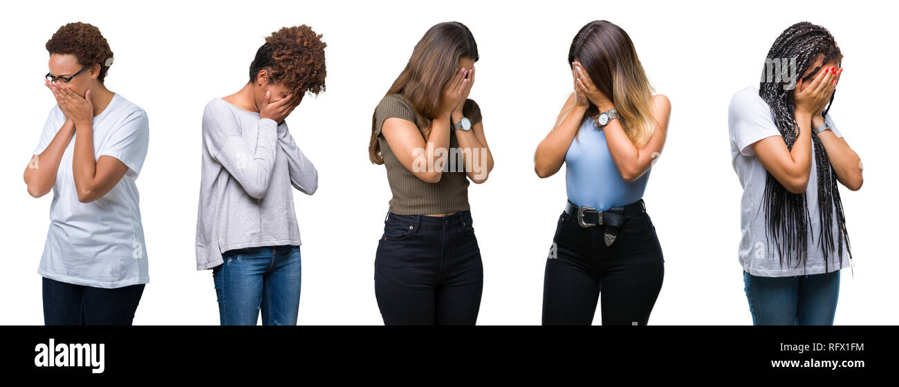 Collage of group of young women over isolated background with sad ...