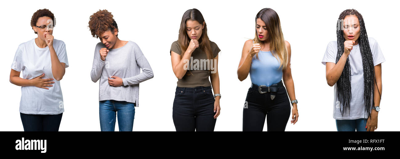 Collage of group of young women over isolated background feeling unwell ...