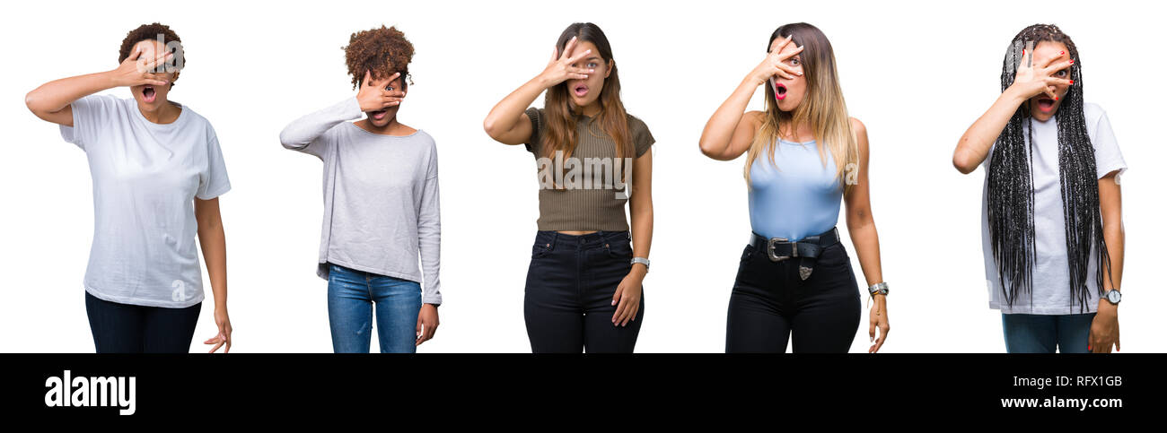 Collage of group of young women over isolated background peeking in ...