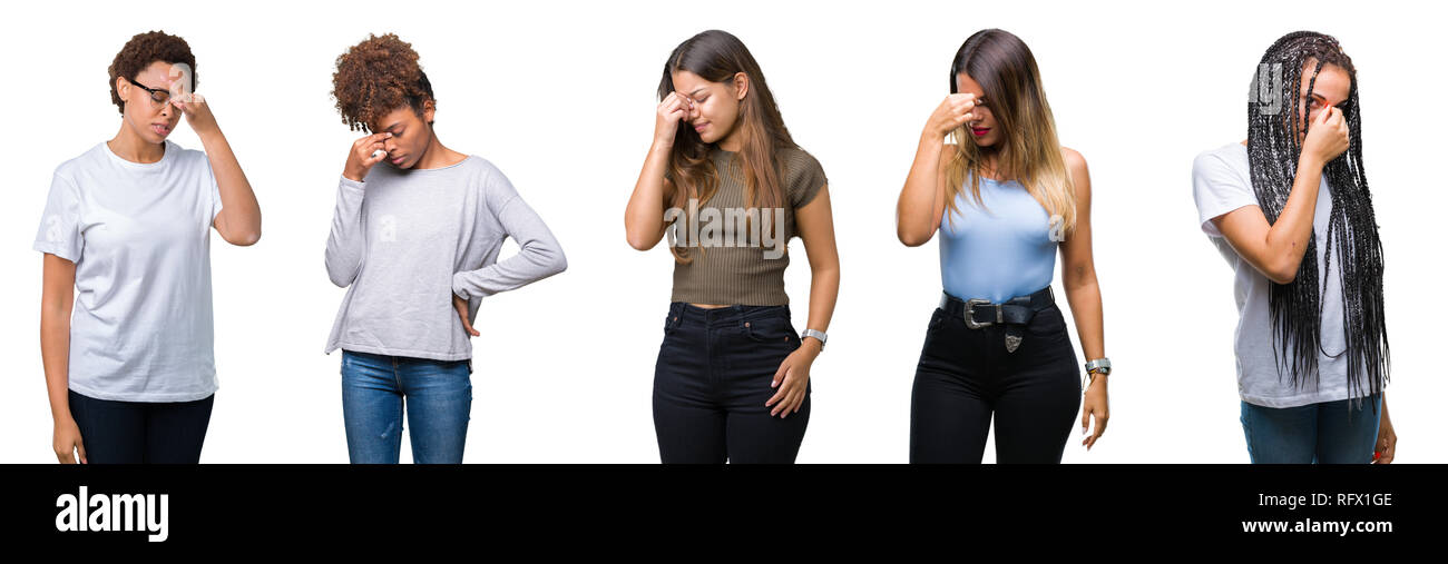 Collage of group of young women over isolated background tired rubbing ...