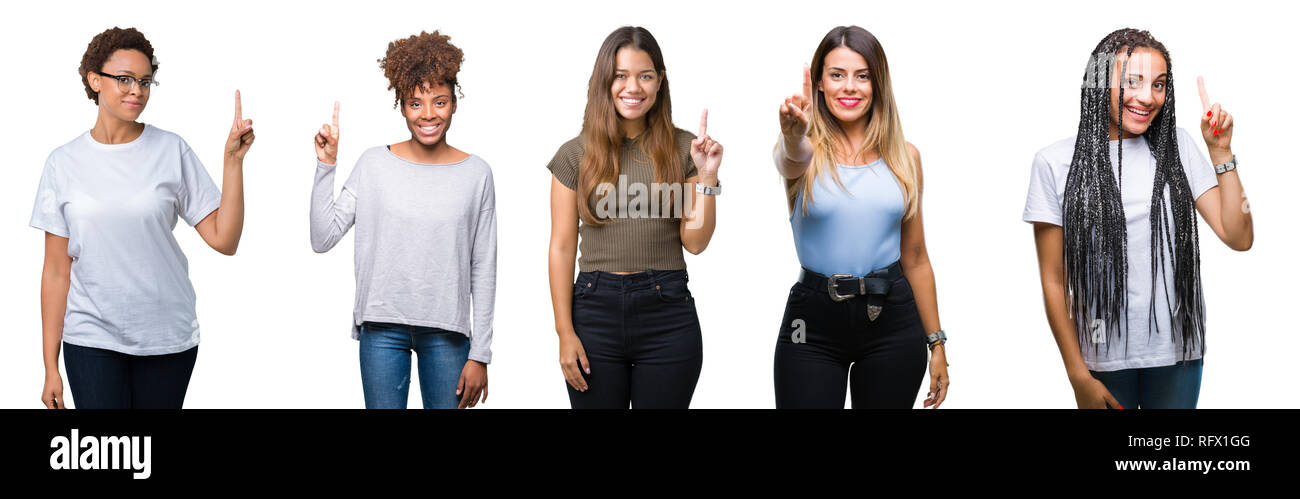 Collage of group of young women over isolated background showing and ...