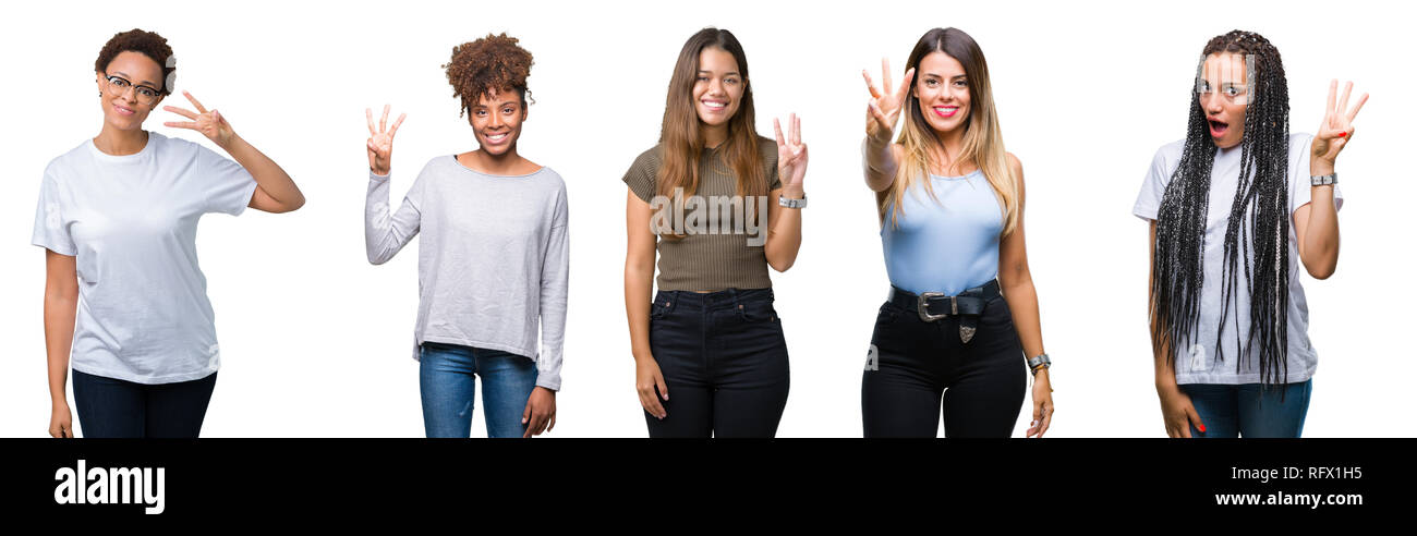 Collage of group of young women over isolated background showing and ...