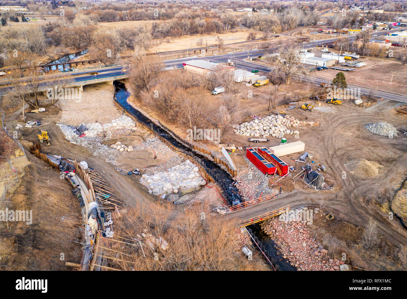 construction of whitewater park on the Poudre River in downtown of Fort ...