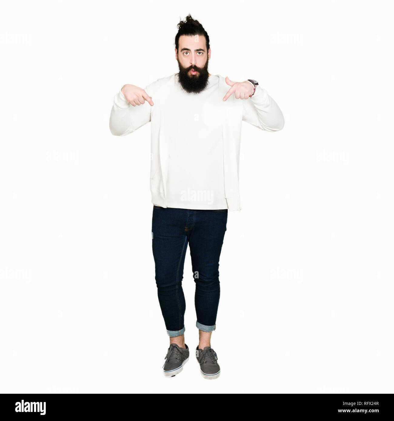 Young hipster man with long hair and beard wearing sporty sweatshirt ...