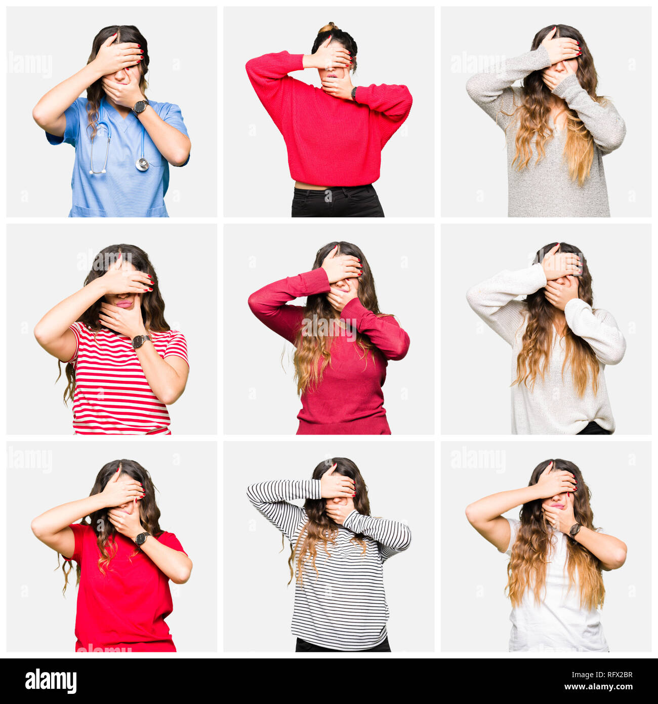 Collage of beautiful young woman wearing different looks over white ...