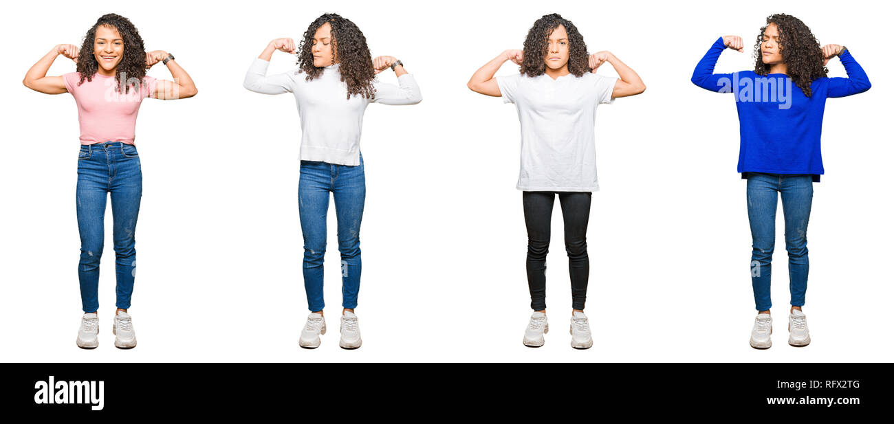 Collage of beautiful young woman with curly hair over white isolated ...
