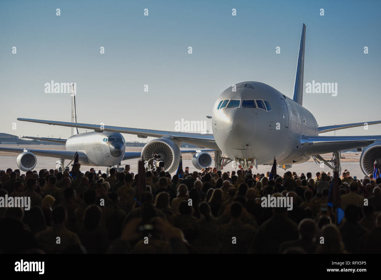 The KC-46A Pegasus is revealed next to the KC-135 Stratotanker during ...