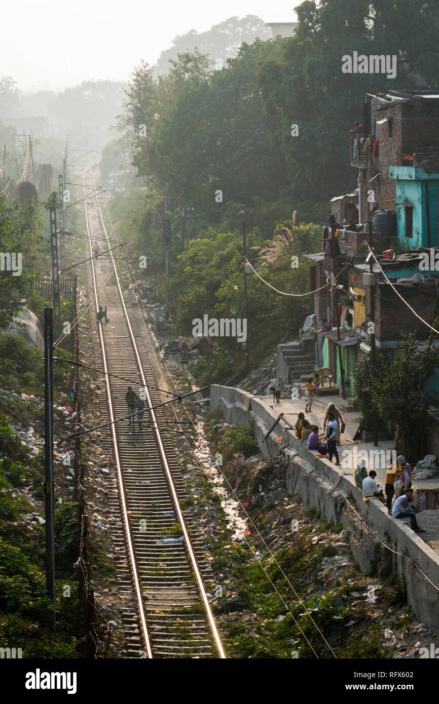 Train tracks and slum neighborhood in Haridwar, Uttarakhand, India ...