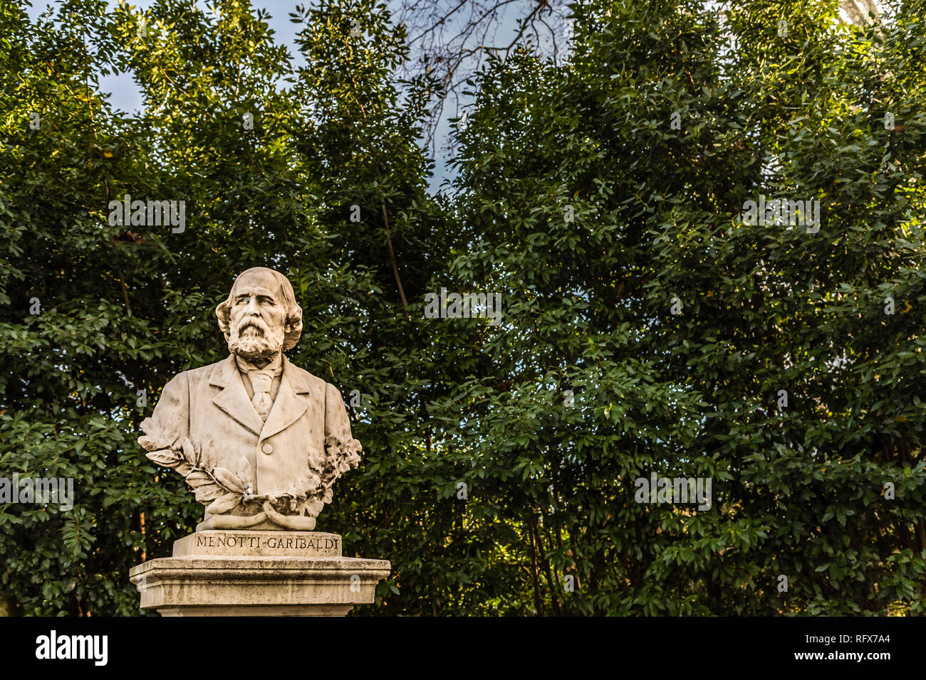 ROME, ITALY - JANUARY 5, 2019: light is enlightening statue of Menotti ...