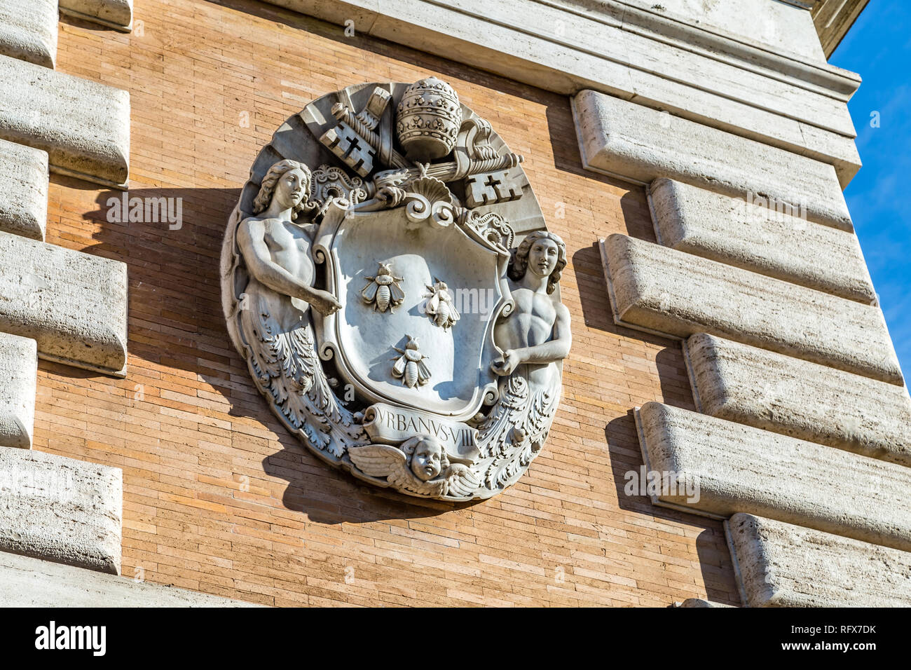ROME, ITALY - JANUARY 5, 2019: light is enlightening papal emblem on ...