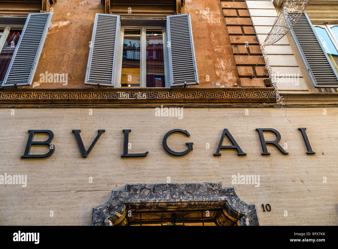ROME, ITALY - JANUARY 3, 2019: lights are enlightening BULGARI logo on ...