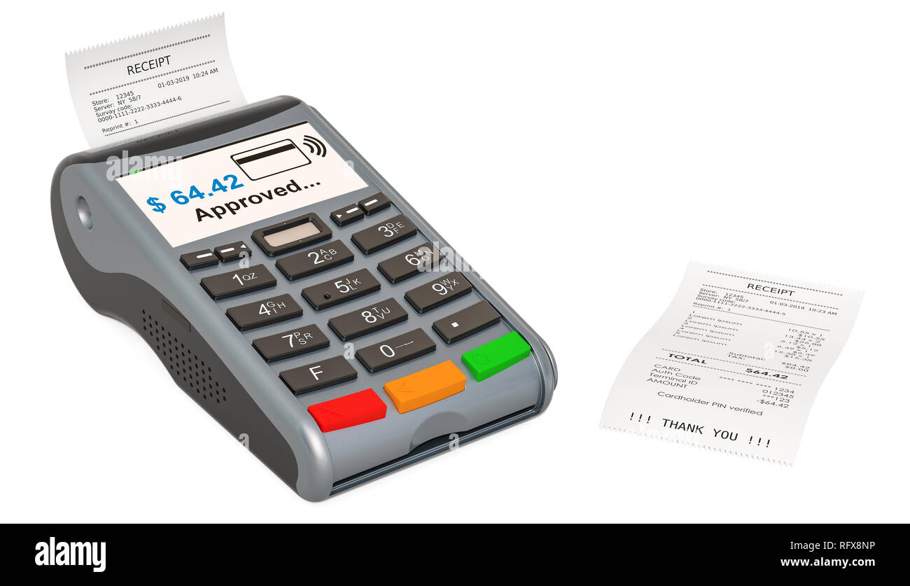 POS-terminal with printed receipt. 3D rendering isolated on white ...