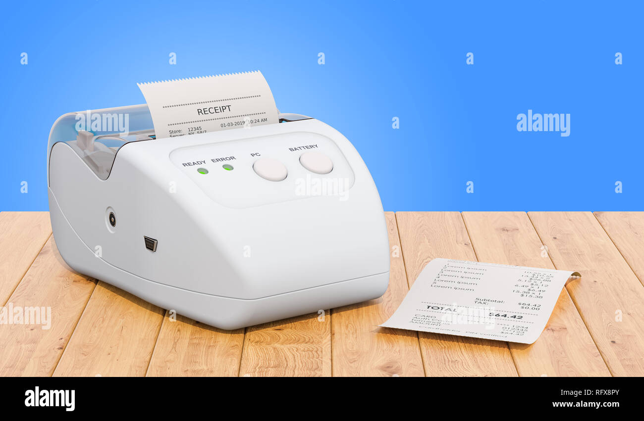 Receipt printer for POS on the wooden table, 3D rendering Stock Photo ...