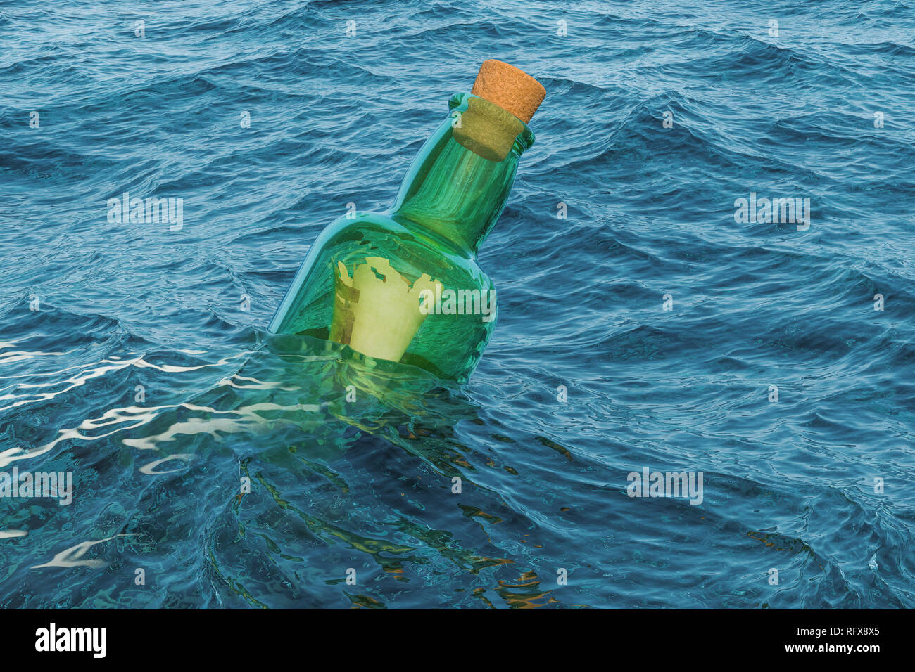 Message in a bottle floating in water, 3D rendering Stock Photo - Alamy