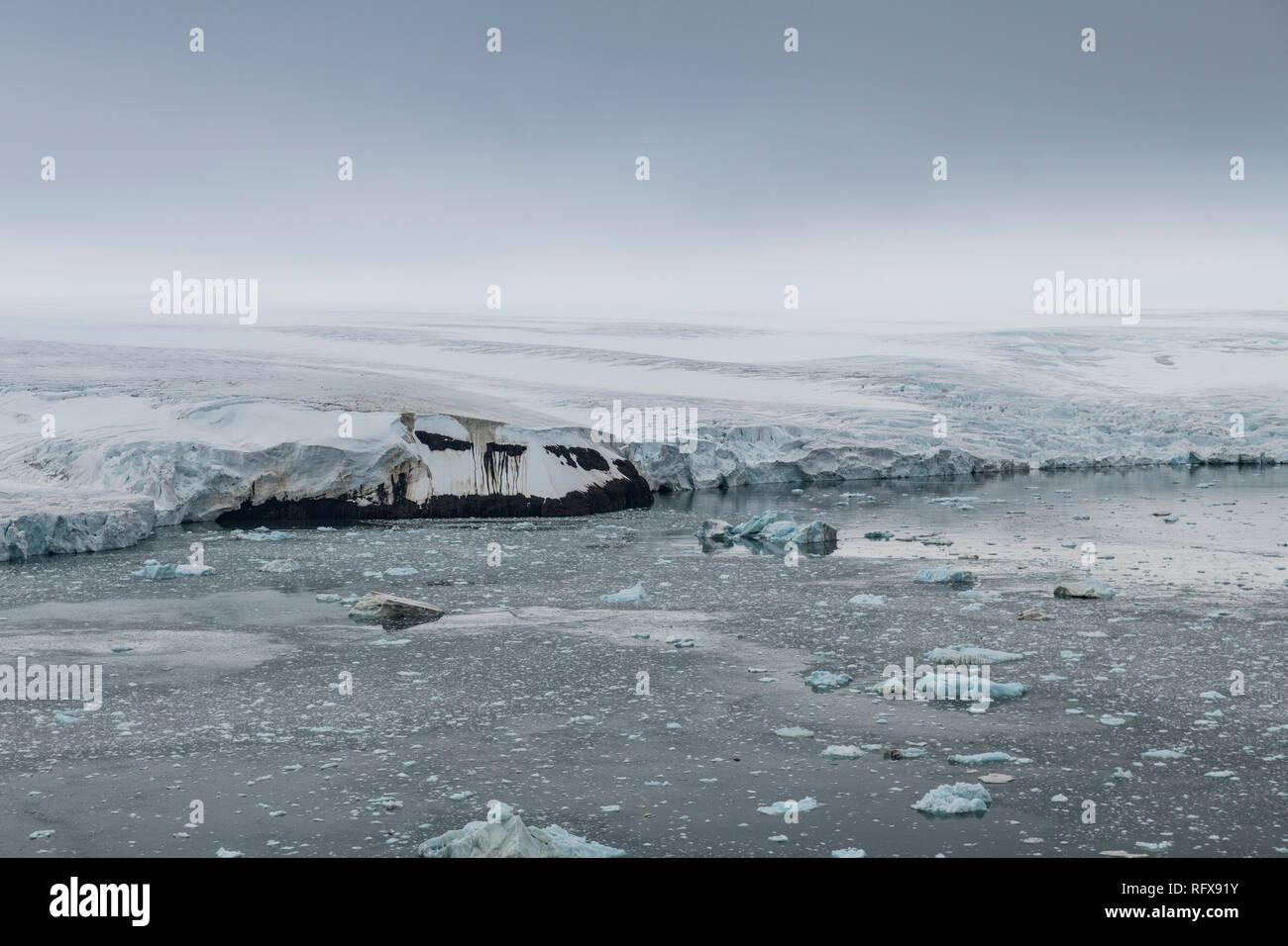 Aerial of the massive glacier of Alexandra Land, Franz Josef Land ...