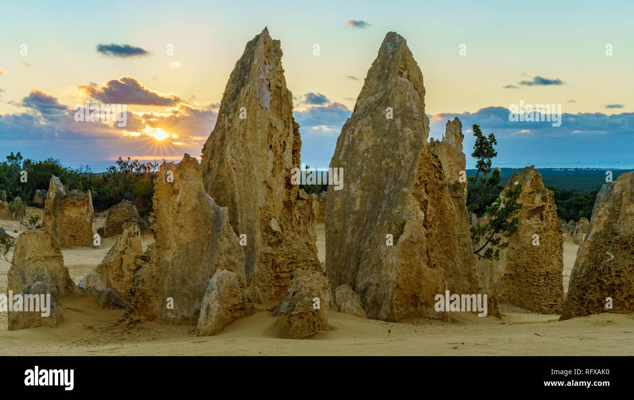 sunset over pinnacles desert at nambung national park, western ...