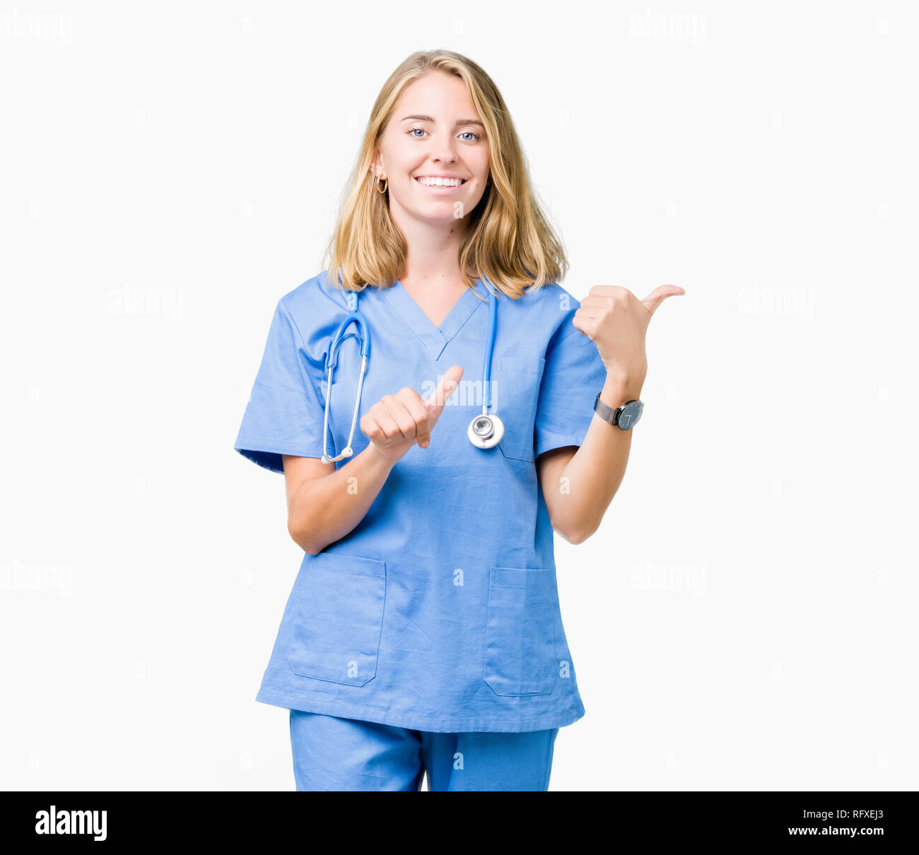 Beautiful young doctor woman wearing medical uniform over isolated ...