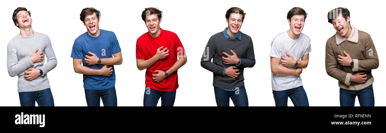 Collage of young man over white isolated background Smiling and ...