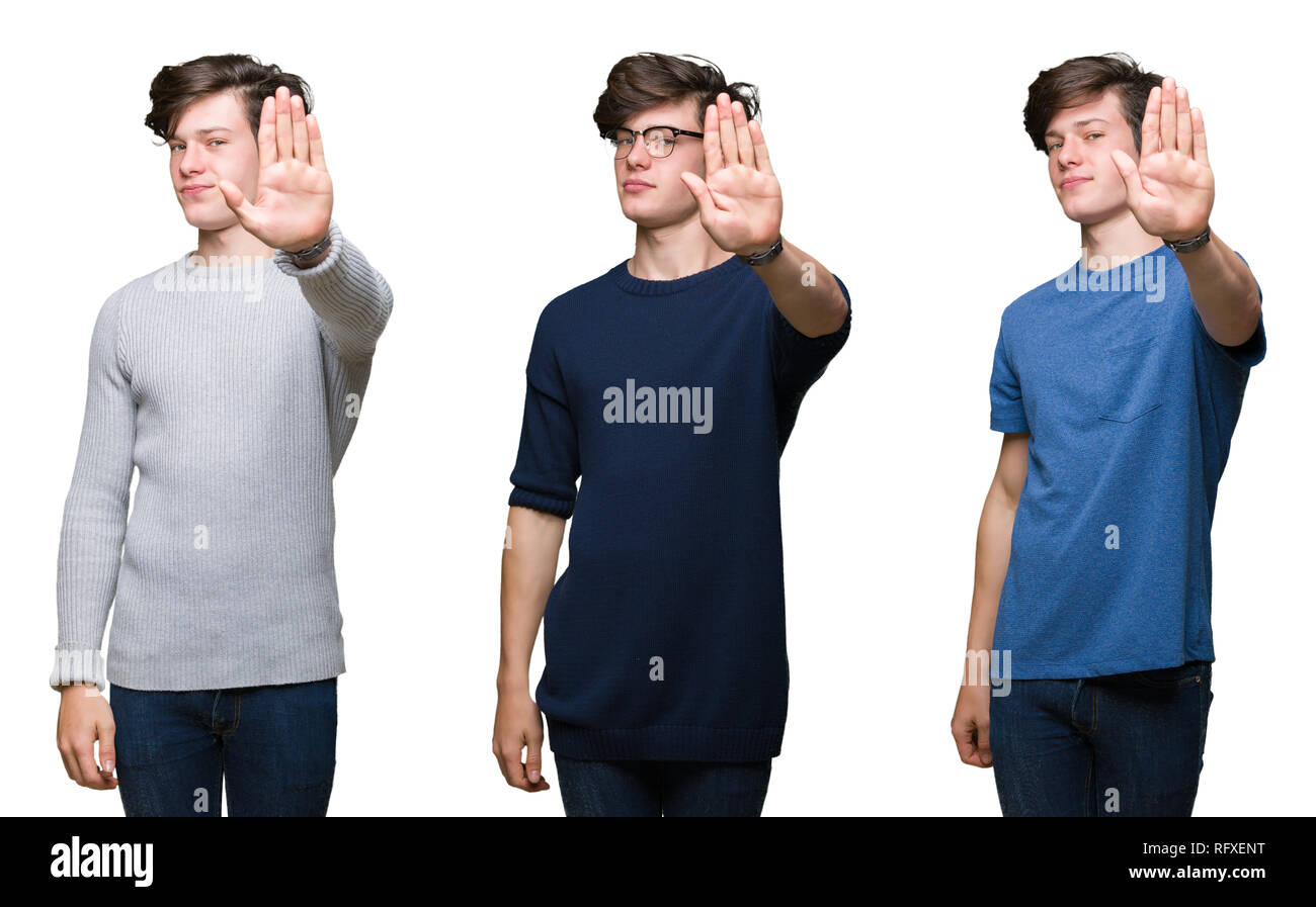 Collage of young man over white isolated background doing stop sing ...
