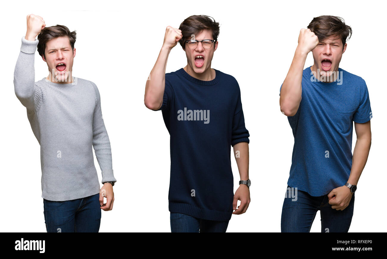 Collage of young man over white isolated background angry and mad ...