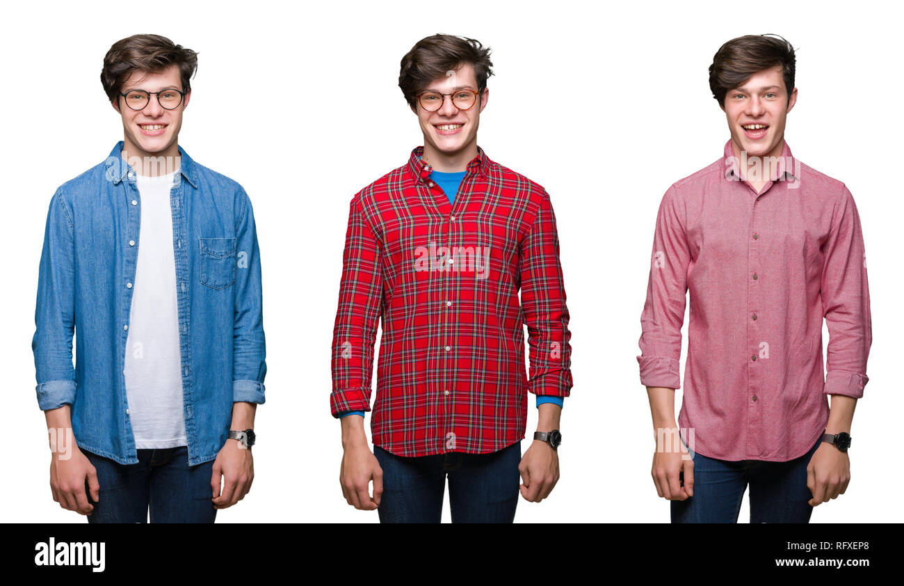 Collage of young man over white isolated background with a happy and ...