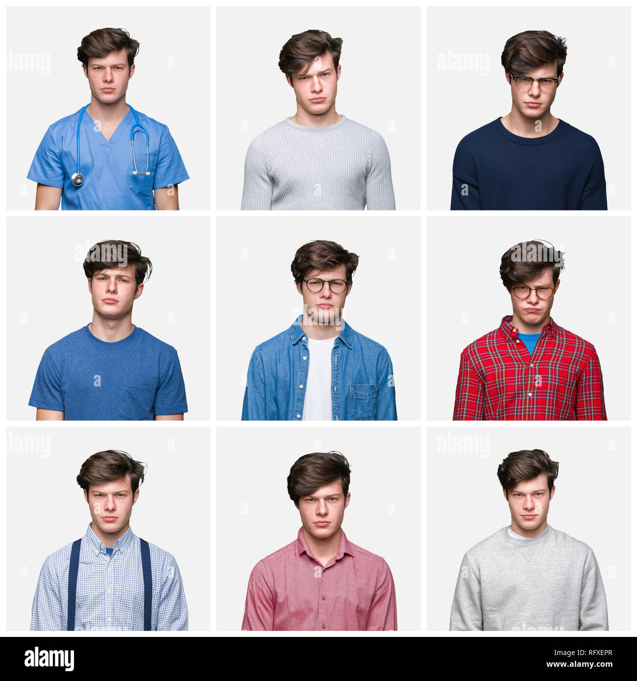 Collage of young man over white isolated background skeptic and nervous ...