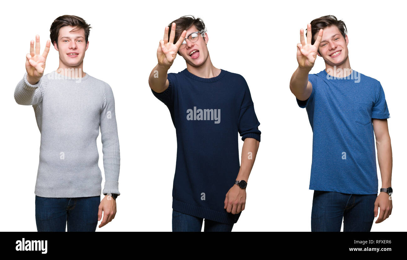 Collage of young man over white isolated background showing and ...