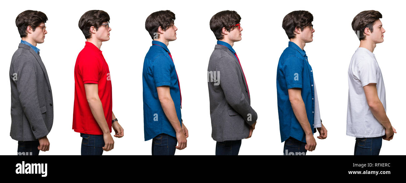 Collage of young man over white isolated background looking to side ...