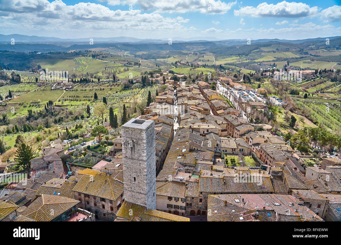 Aerial spring view of San Gimignano from the tower, Italy Stock Photo ...