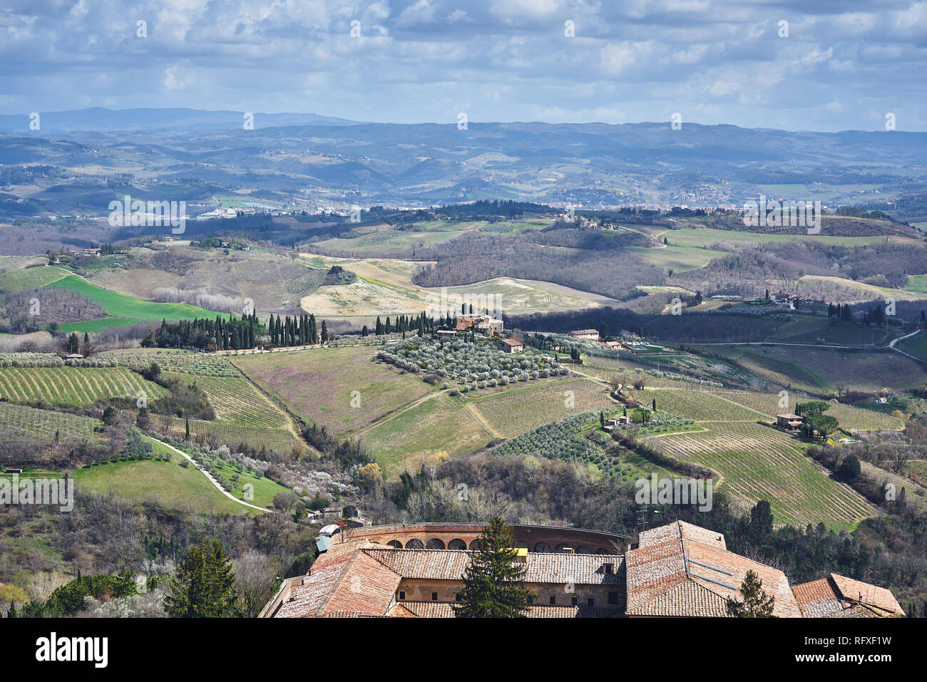 Aerial spring view of San Gimignano from the tower, Italy Stock Photo ...