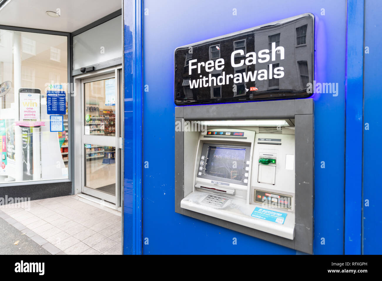 London, UK - September 12, 2018: Blue bank free cash sign atm at ...
