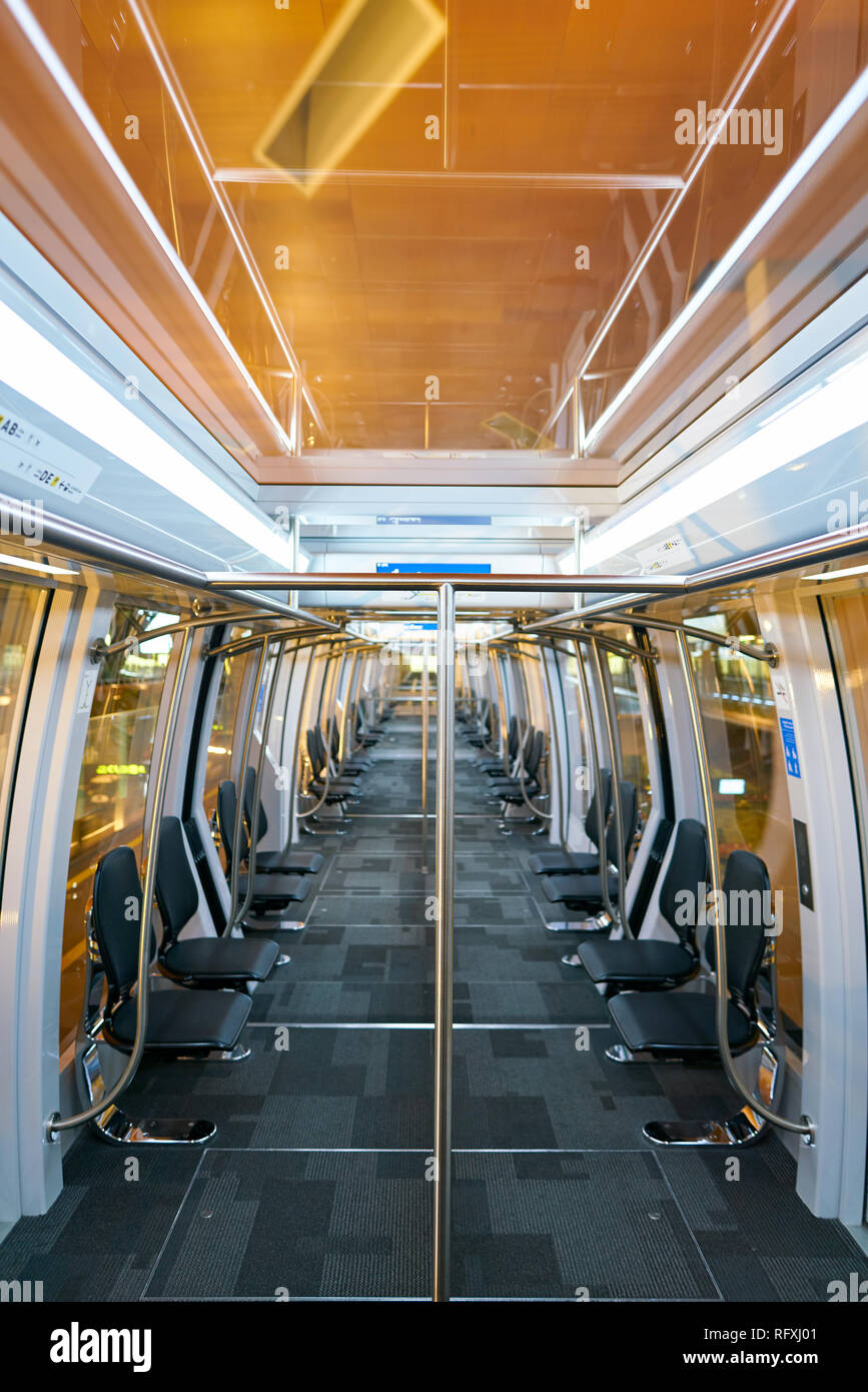 DOHA, QATAR - CIRCA MAY, 2017: inside a train at Hamad International ...