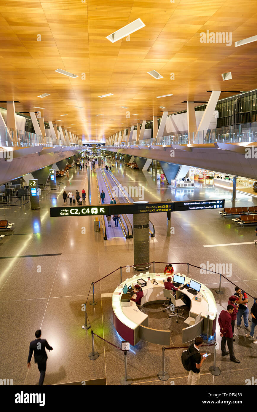 DOHA, QATAR - CIRCA MAY, 2017: inside Hamad International Airport of Doha, the capital city of ...