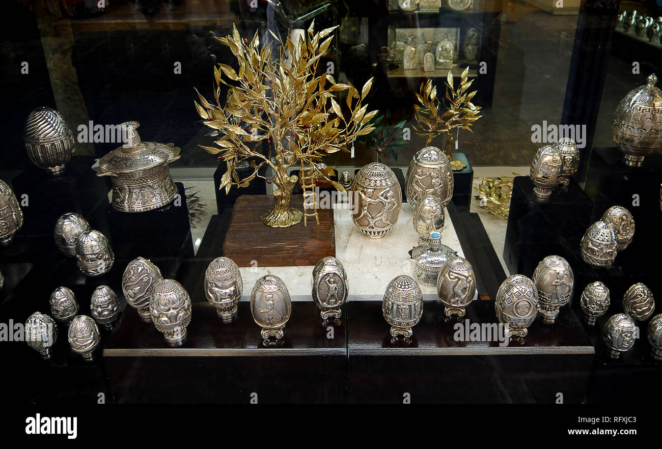 Display of traditional Greek silver object d'art in a shop window in ...