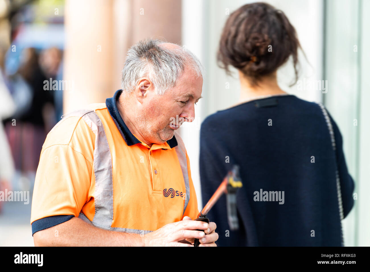 London, UK - September 13, 2018: Senior British man worker cleaner in ...