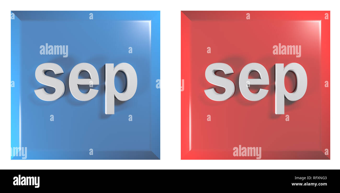 Blue and red couple of square push buttons SEPTEMBER - 3D rendering ...