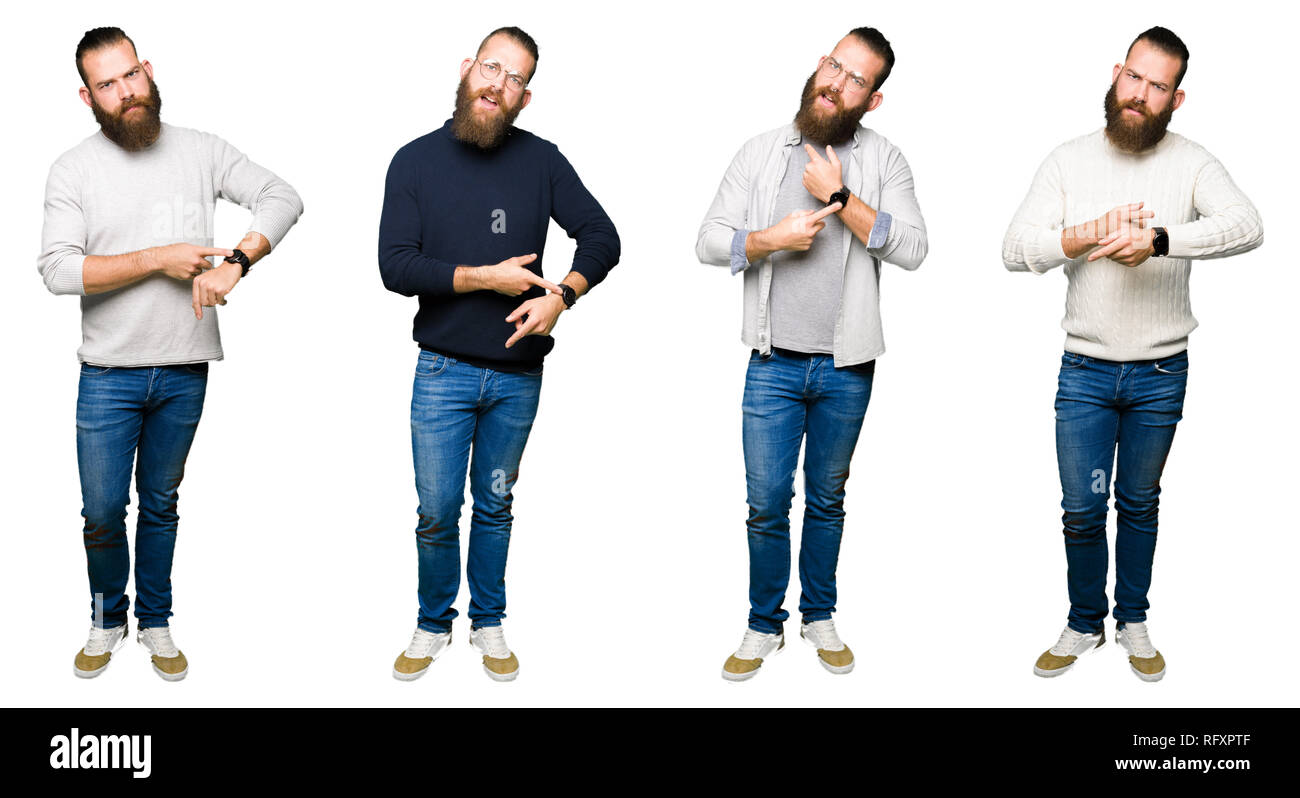 Collage of young man with bun over white isolated background In hurry ...