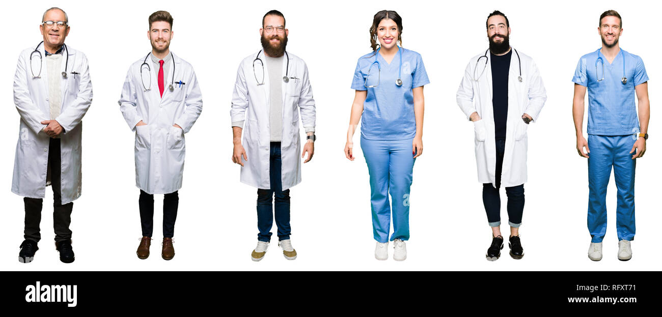 Collage of group of doctors and surgeons people over white isolated ...