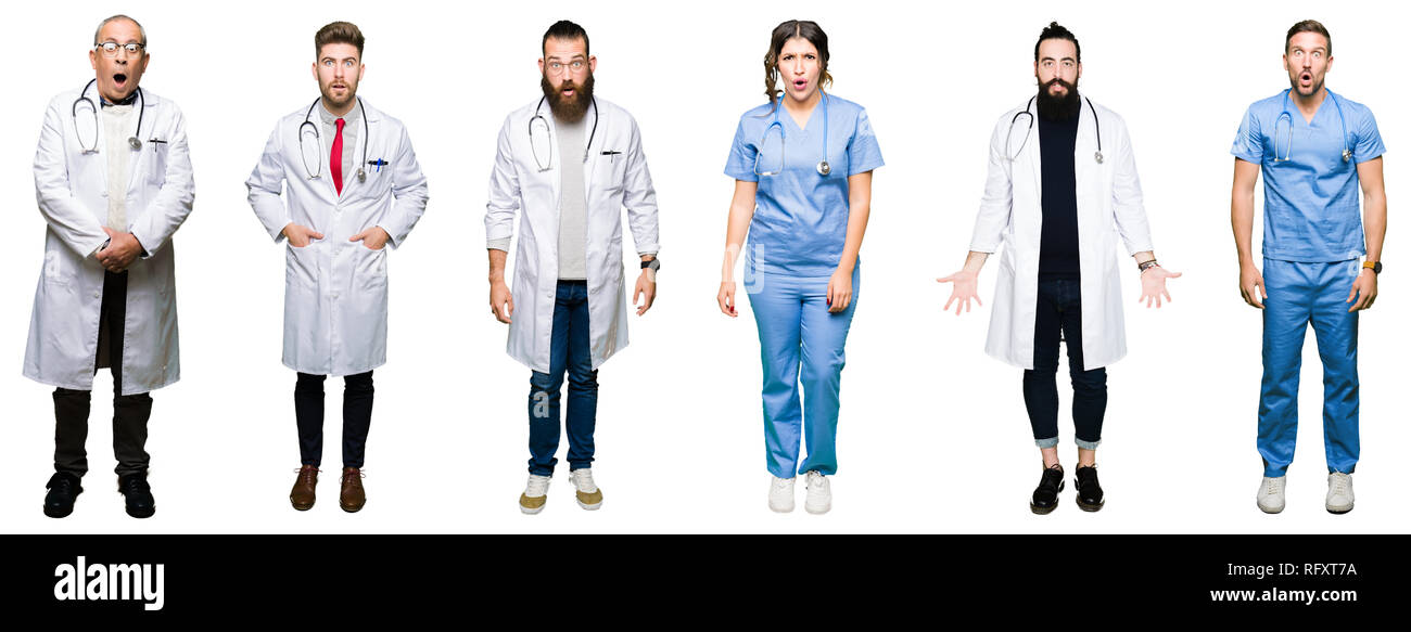 Collage of group of doctors and surgeons people over white isolated ...