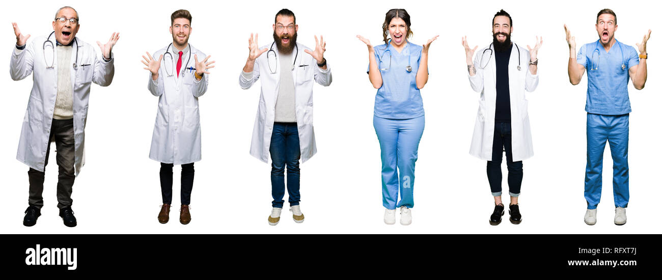 Collage of group of doctors and surgeons people over white isolated ...