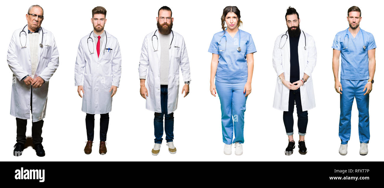 Collage of group of doctors and surgeons people over white isolated ...