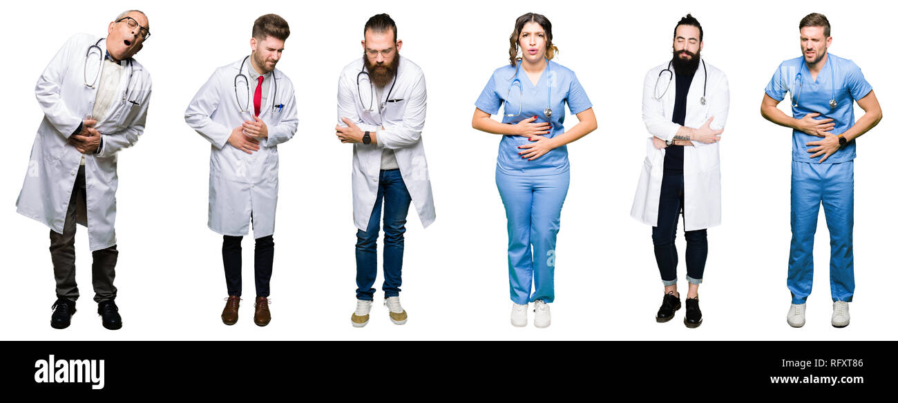Collage of group of doctors and surgeons people over white isolated ...