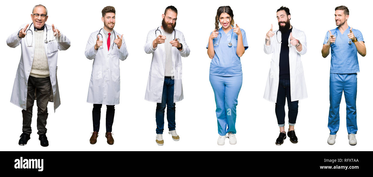 Collage of group of doctors and surgeons people over white isolated ...