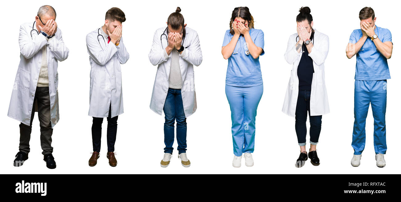 Collage of group of doctors and surgeons people over white isolated ...