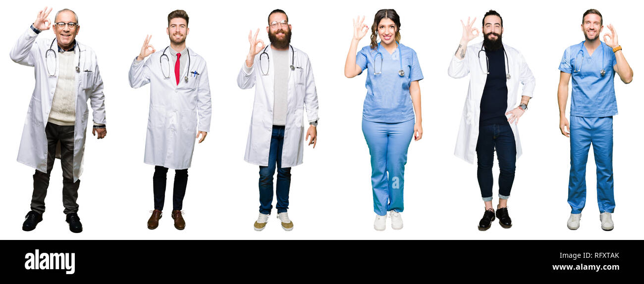 Collage of group of doctors and surgeons people over white isolated ...