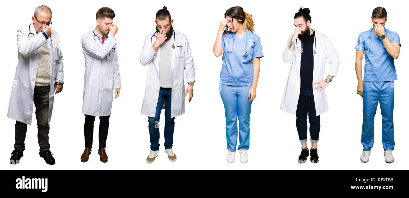 Collage of group of doctors and surgeons people over white isolated ...