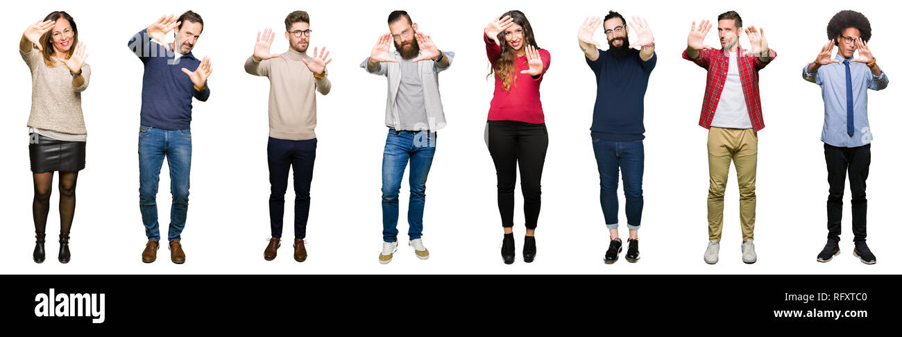 Collage of people over white isolated background Smiling doing frame ...