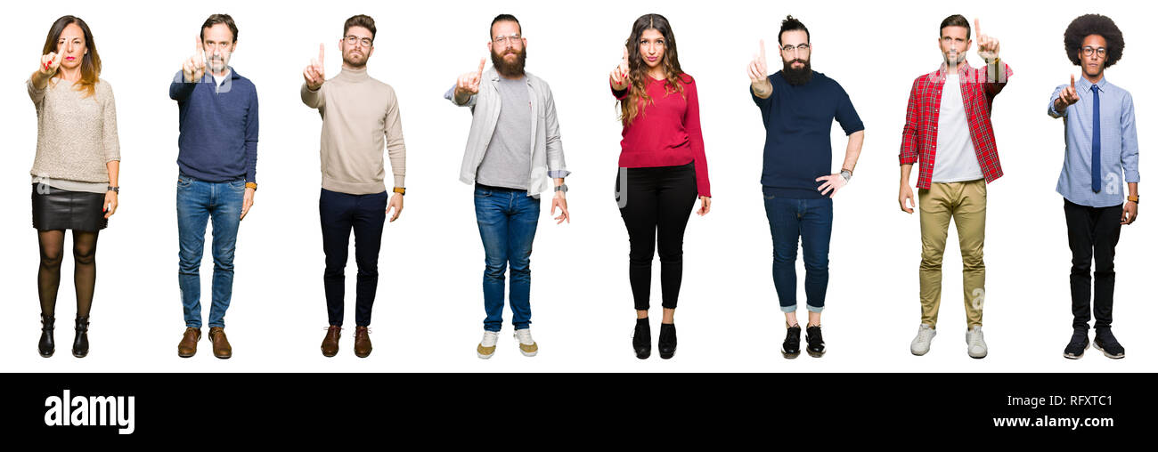 Collage of people over white isolated background Pointing with finger ...